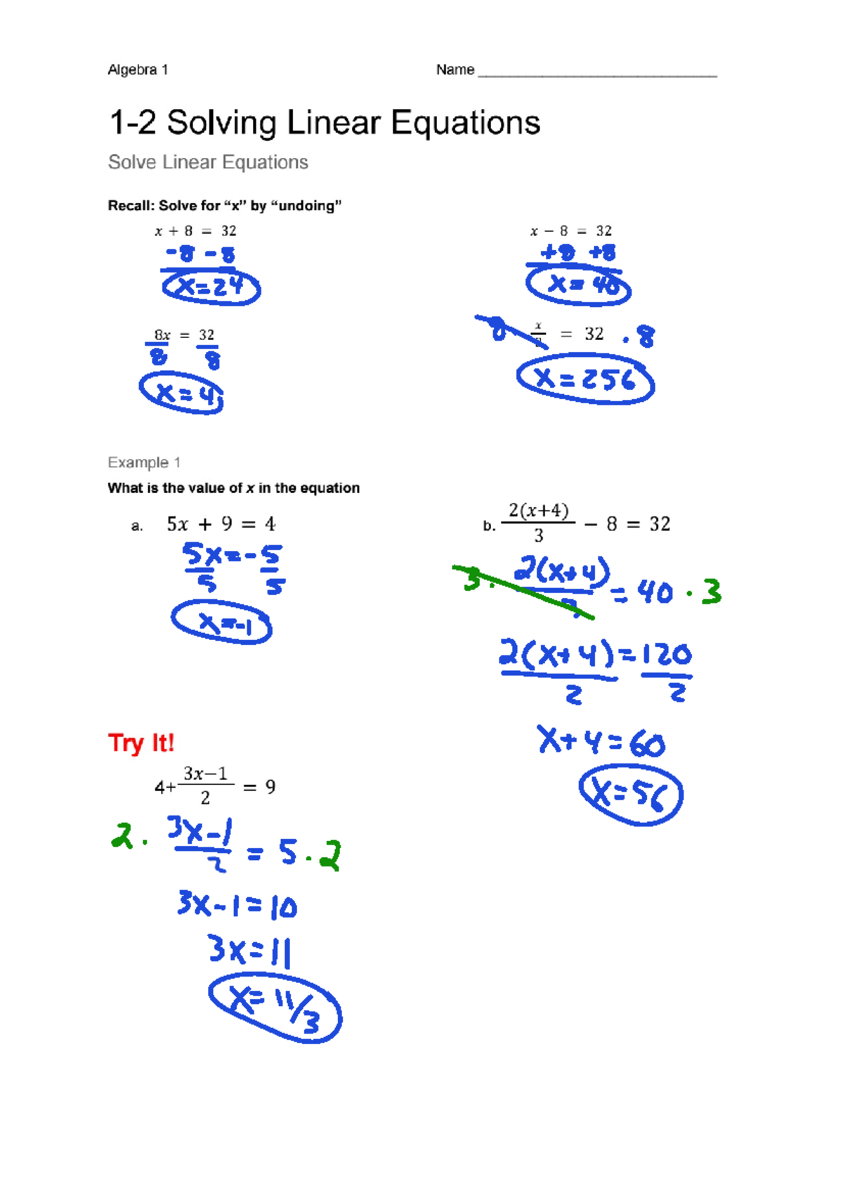 Algebra 1: Solving Linear Equations Notes (1-2) - Studocu