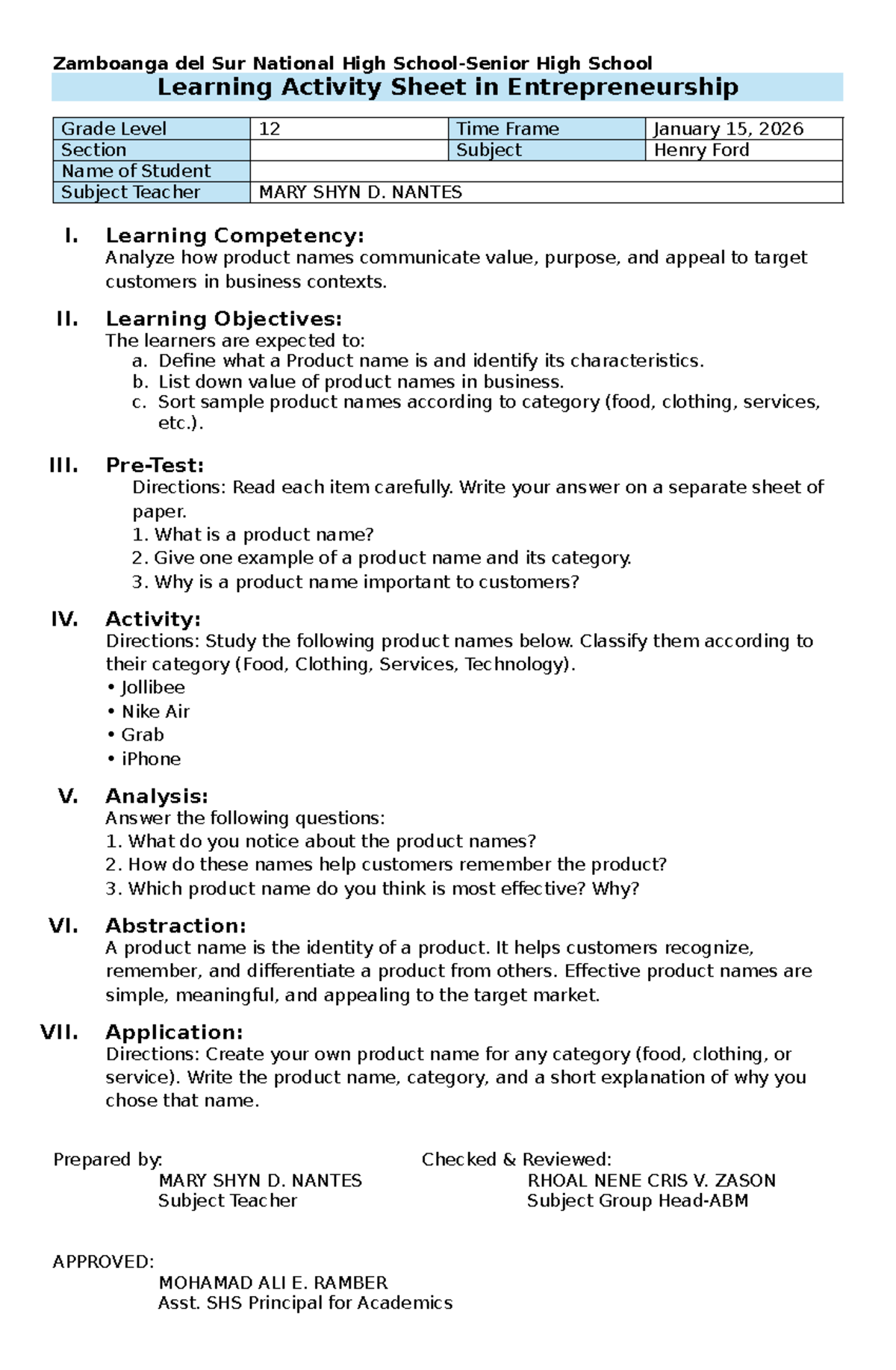 Learning Activity Sheet: Entrepreneurship Grade 12 - Studocu