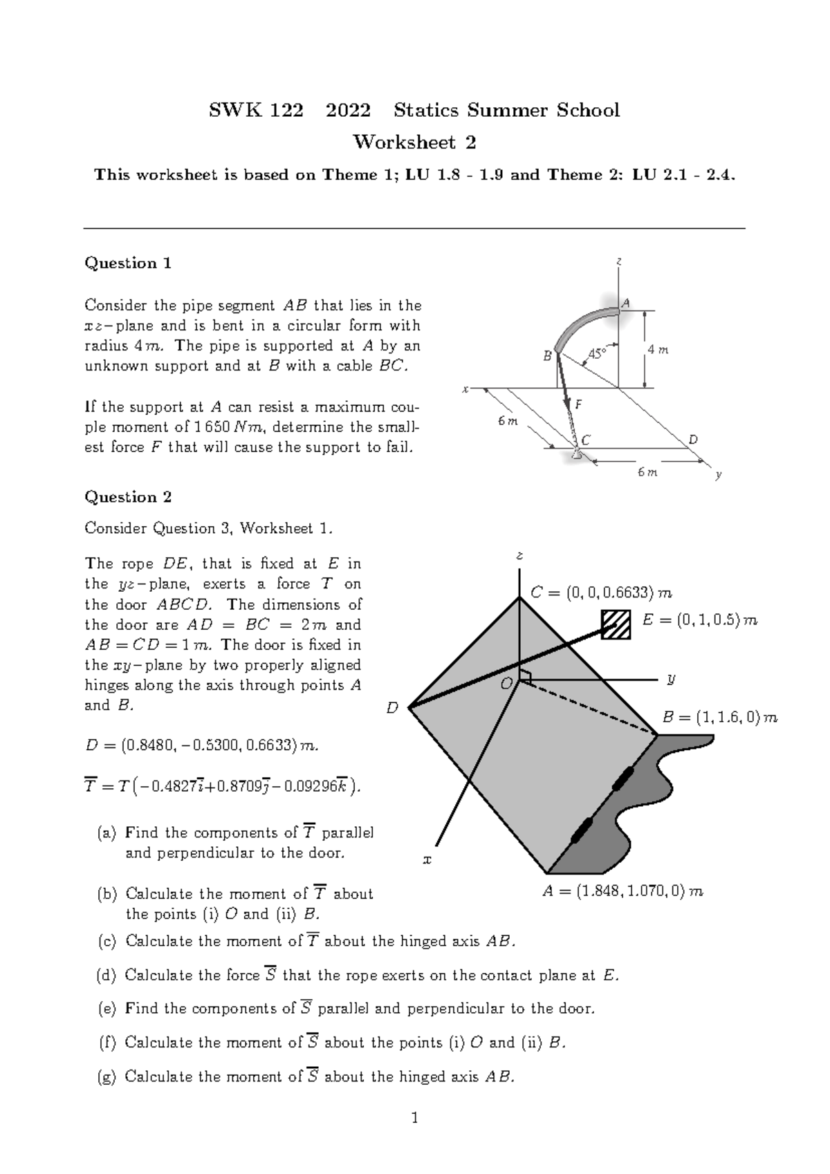 SWK 122 2022 Statics Summer School Worksheet 2: Force Analysis - Studocu