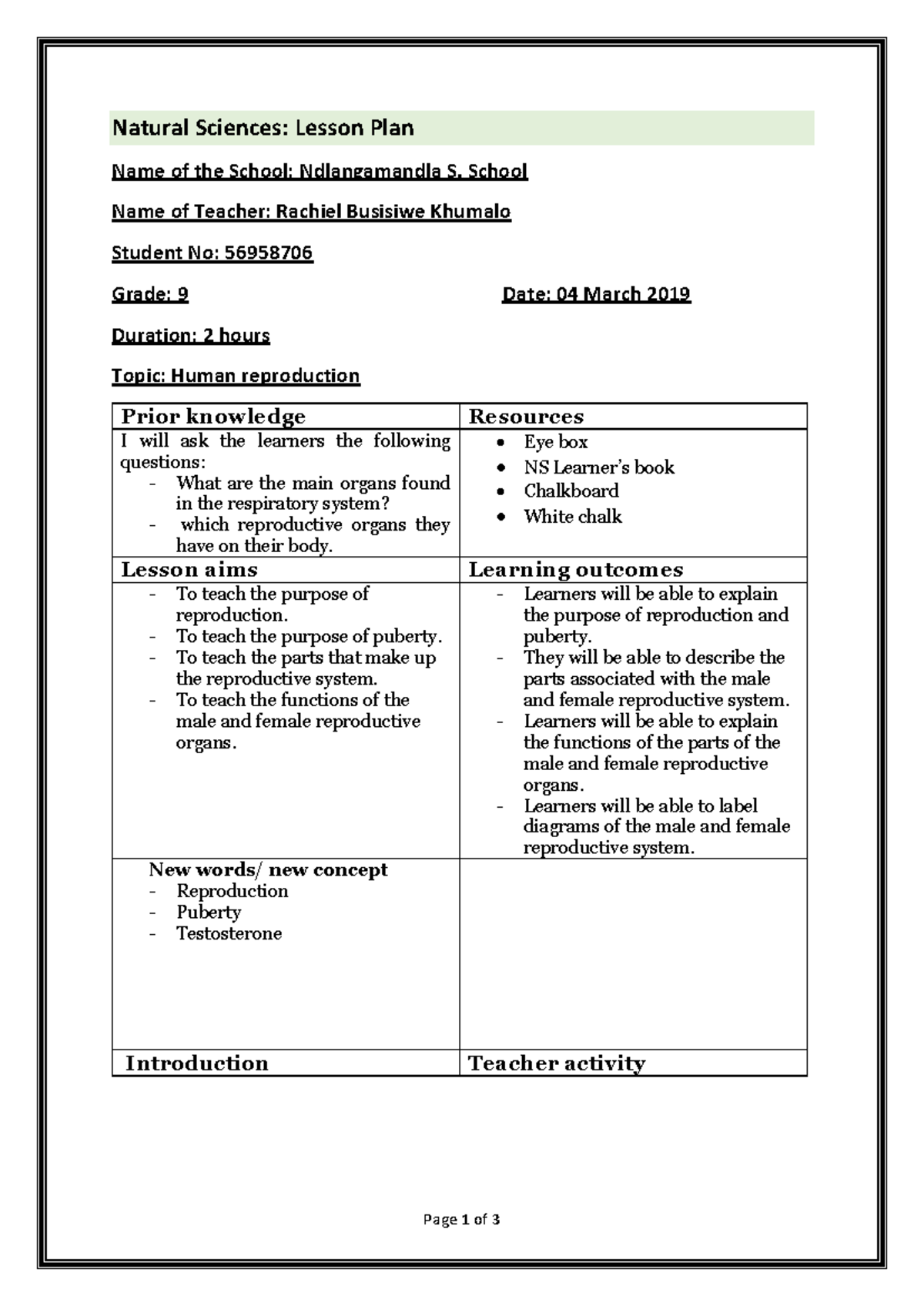 NS 9 - Lesson Plan on Human Reproduction and Puberty - Studocu
