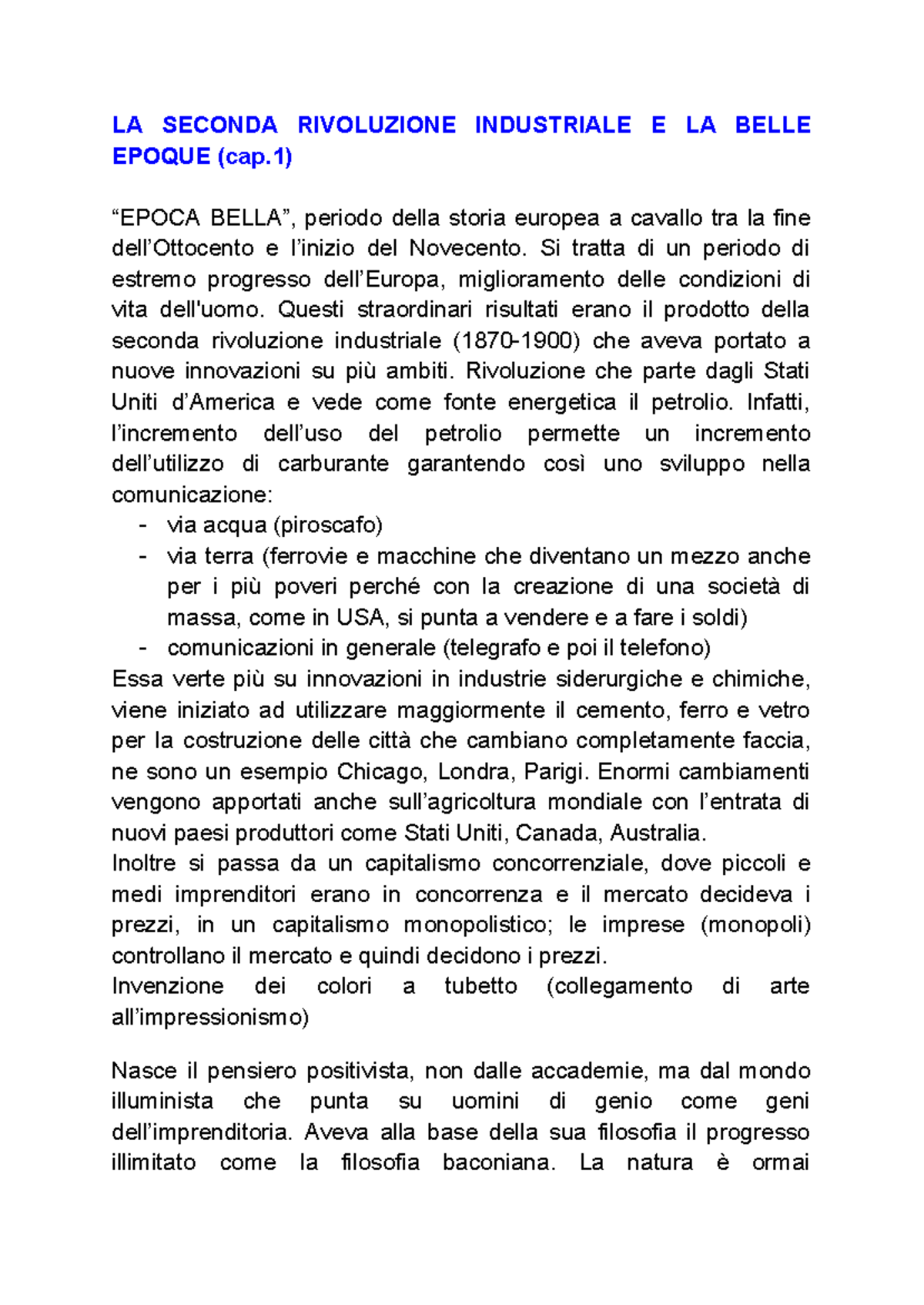 LA SECONDA RIVOLUZIONE INDUSTRIALE E LA BELLE ÉPOQUE (Cap. 1) - Studocu