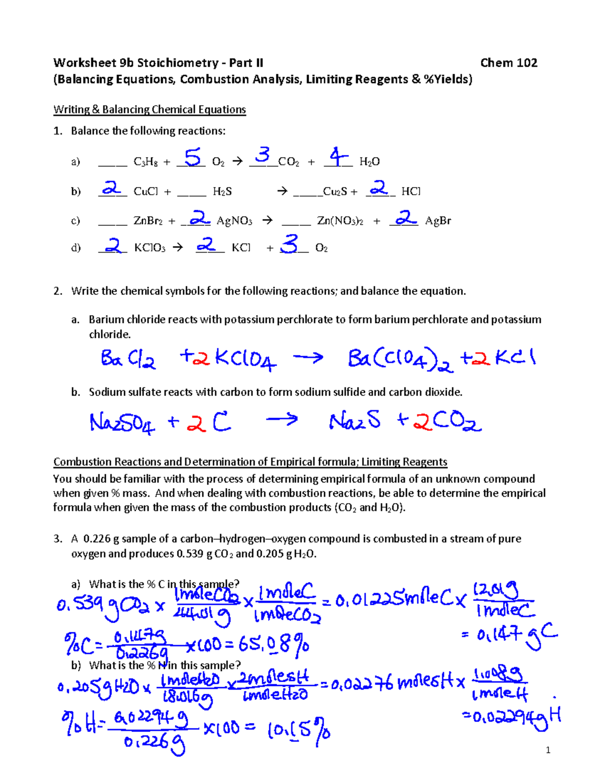 Chem 102 Worksheet 9b: Stoichiometry II Key with Equations & Analysis ...