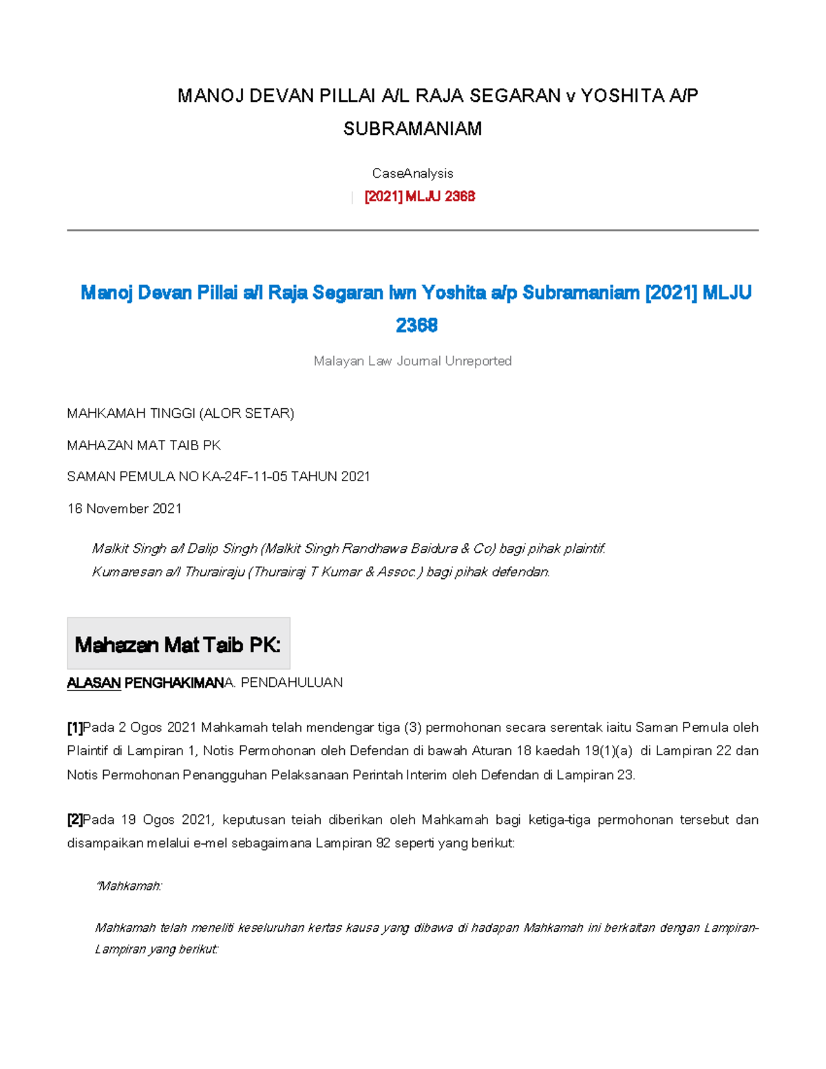 Case Analysis: Manoj Devan Pillai Raja Segaran v Yoshita Subramaniam ...