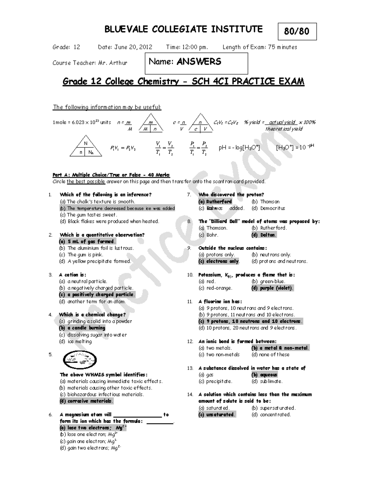Grade 12 Chemistry SCH 4CI Practice Exam Answers - Studocu