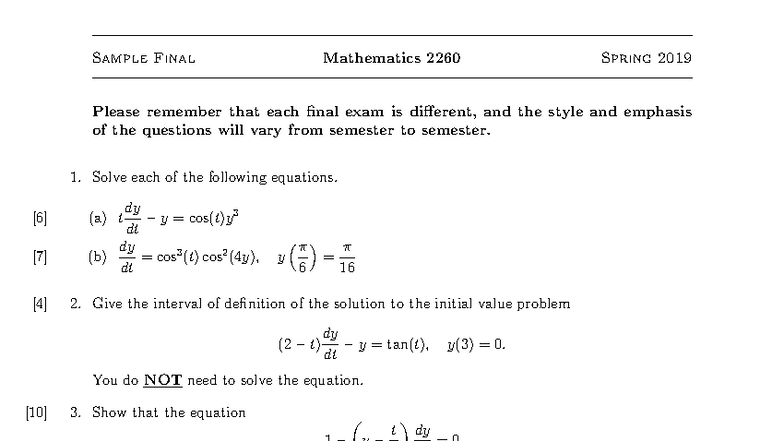 Math 2260 Sample Final Exam Solutions - Spring 2019 - Studocu