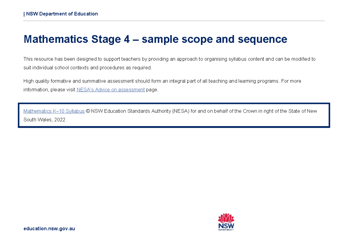 Mathematics Stage 4 Sample Scope and Sequence Overview - Studocu