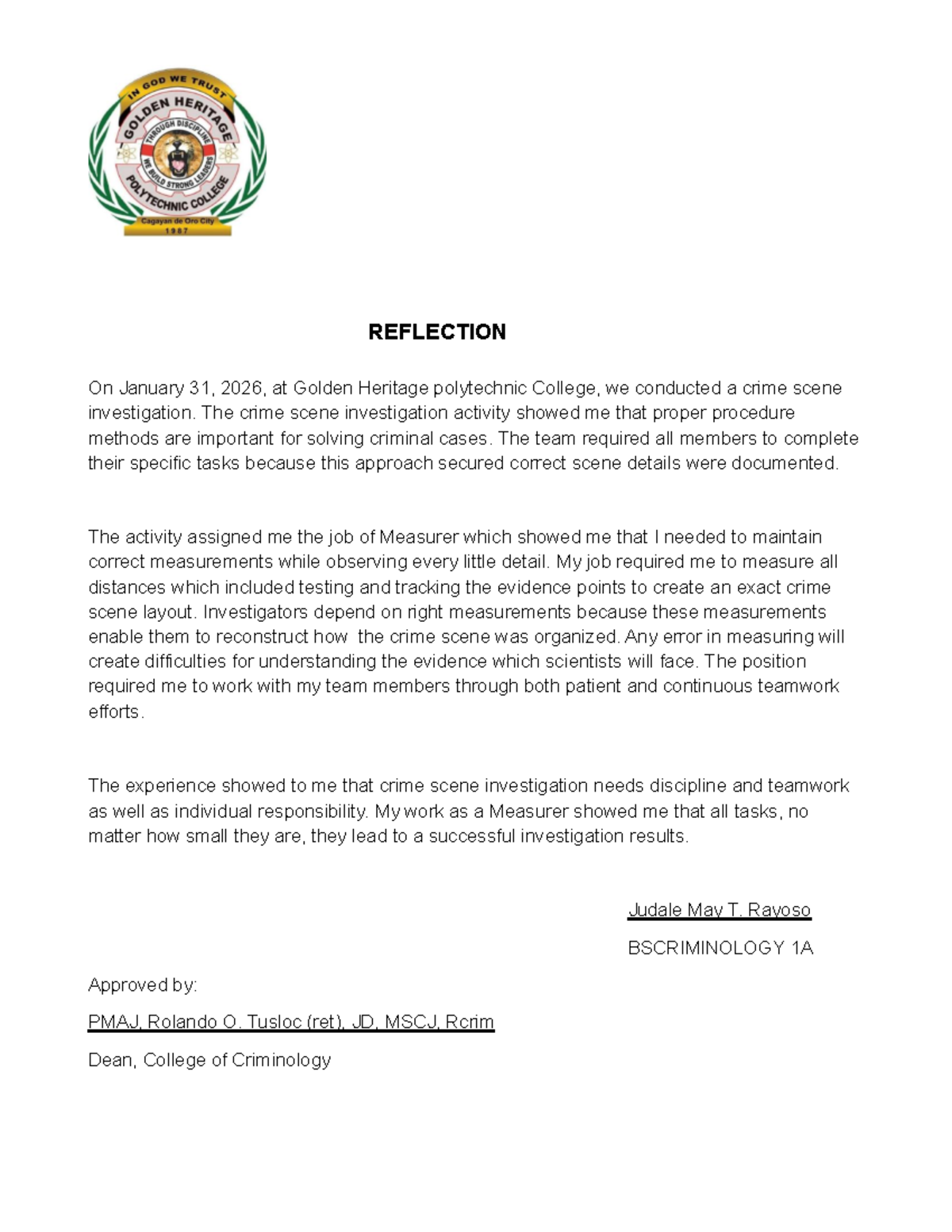 Reflection on Crime Scene Investigation - BSCRIMINOLOGY 1A - Studocu
