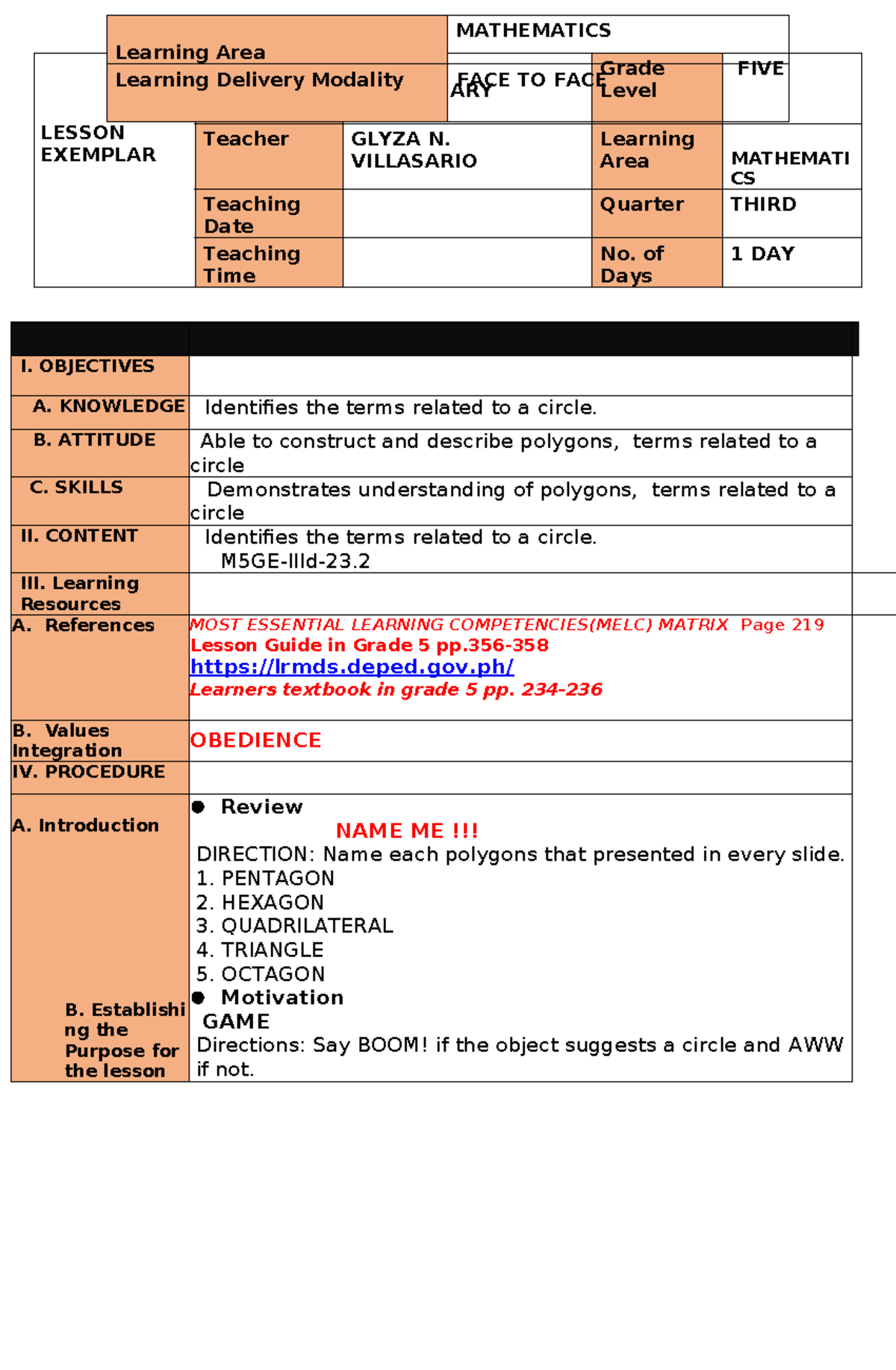 COT MATH 5 Q3 - Sample Lesson Plan on Circles and Polygons - Studocu