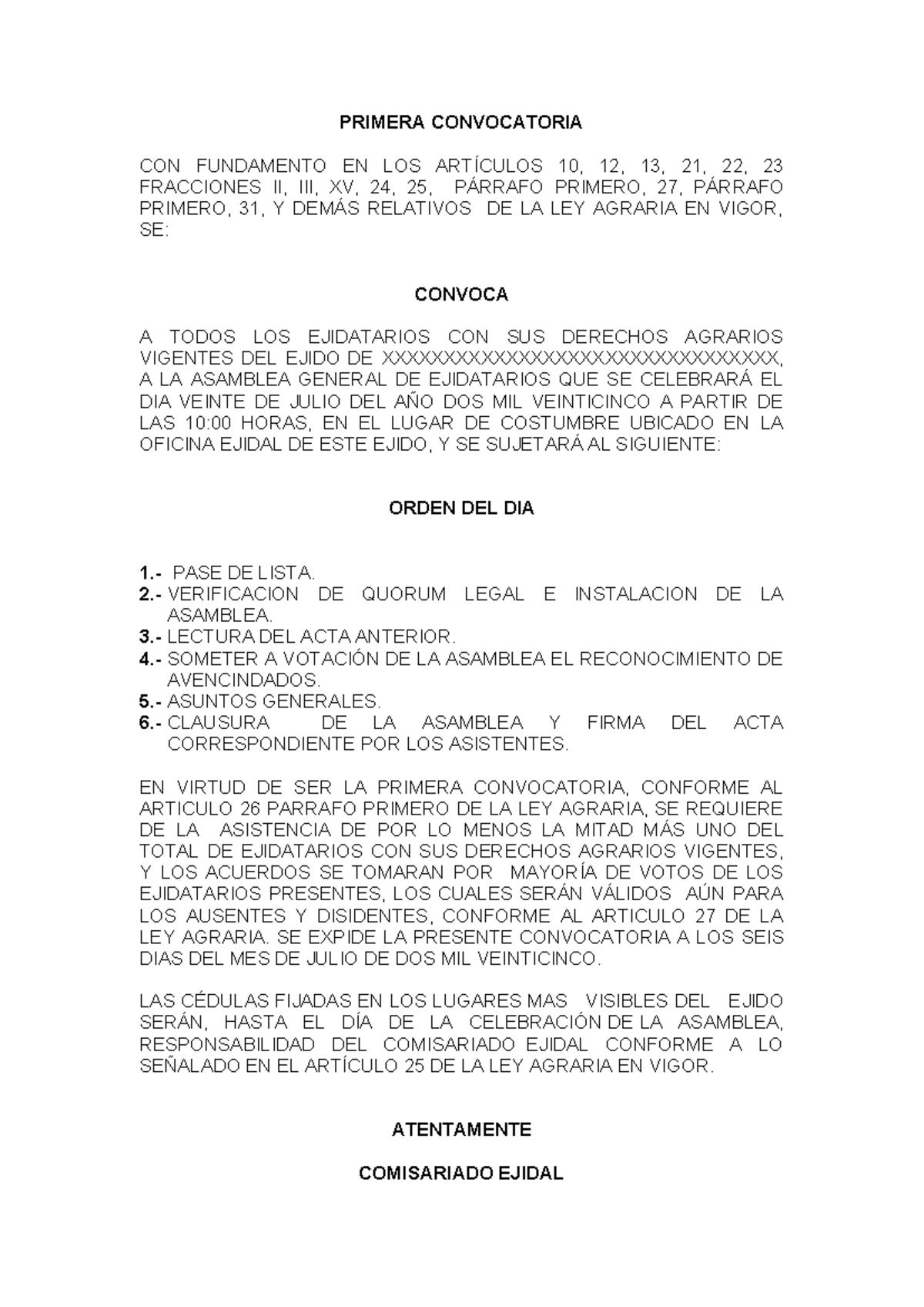 Primera Convocatoria a Asamblea Ejidal - 20 de Julio 2025 - Studocu