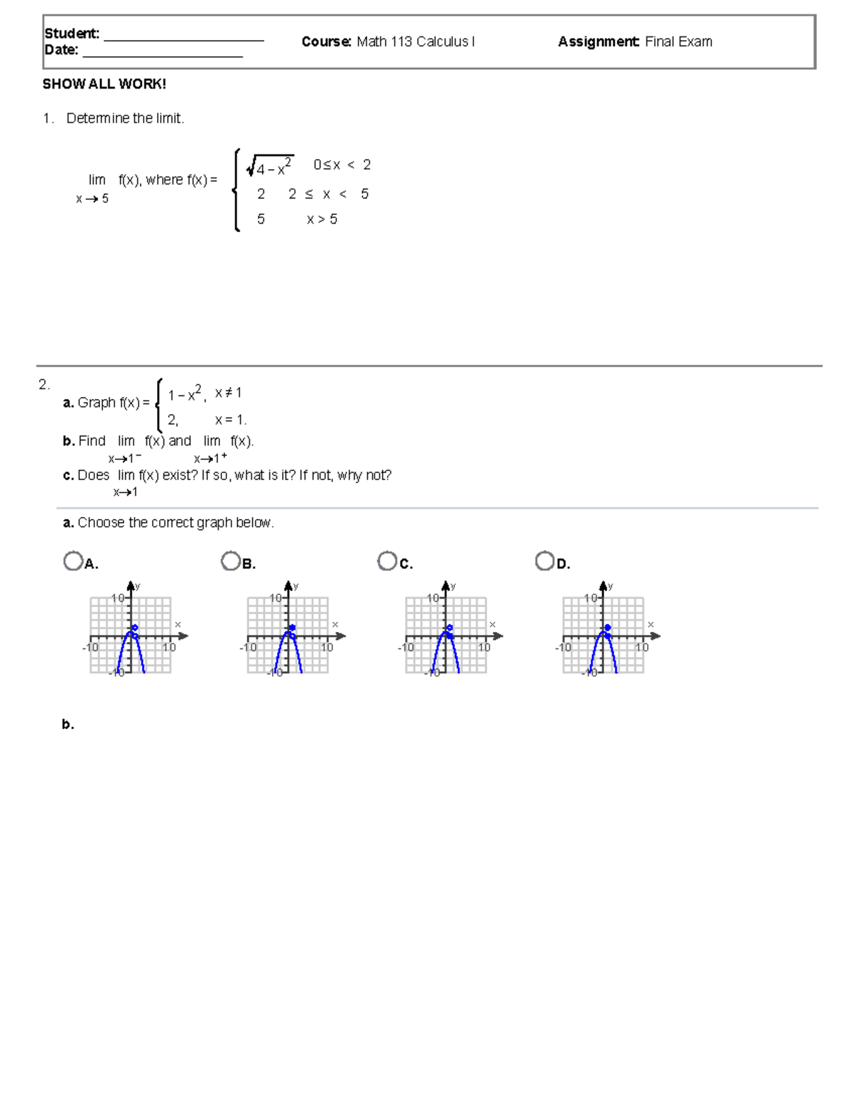Math 113 Final Exam Practice Exercises and Solutions - Studocu