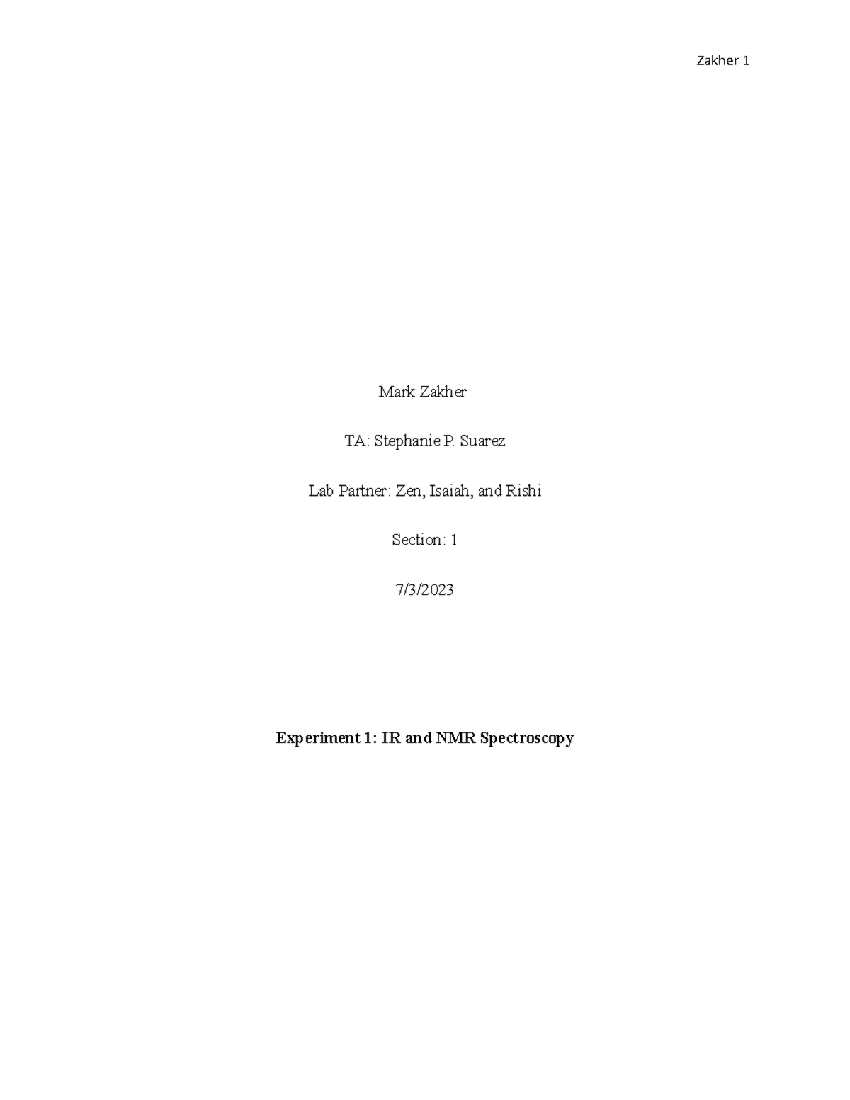 ORGO 2 LAB Report 1: IR and NMR Spectroscopy Analysis - Studocu