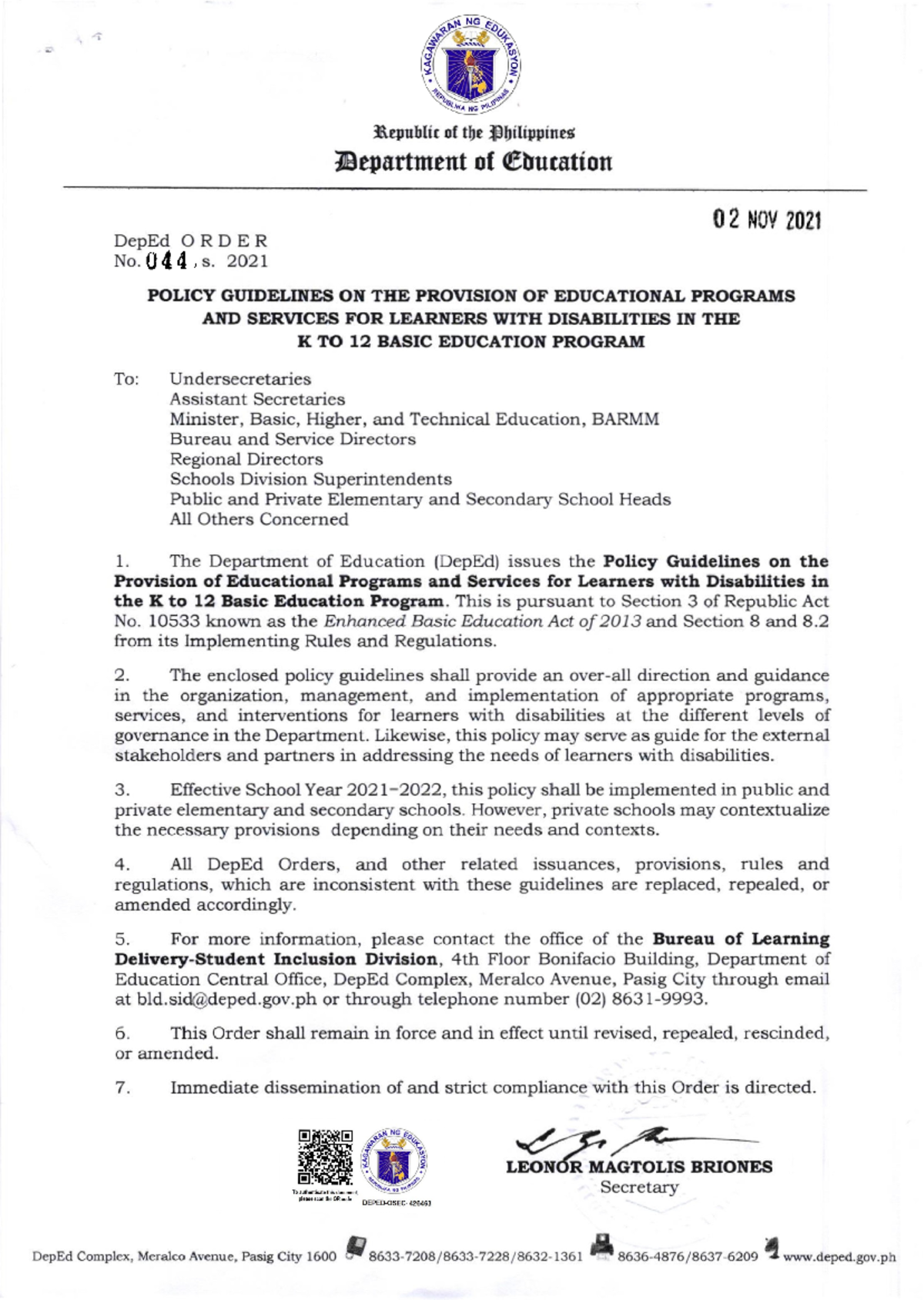 DO 044 S. 2021 - DepEd Policy Guidelines for Inclusive Education - Studocu