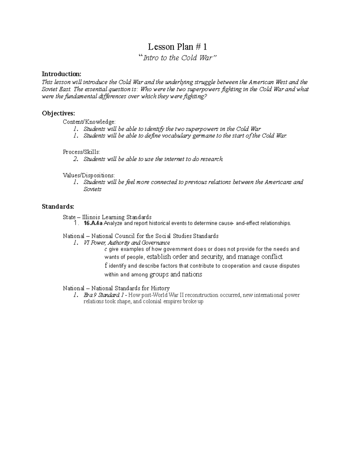 Lesson plan 1 intro to the cold war - Lesson Plan # 1 “Intro to the ...
