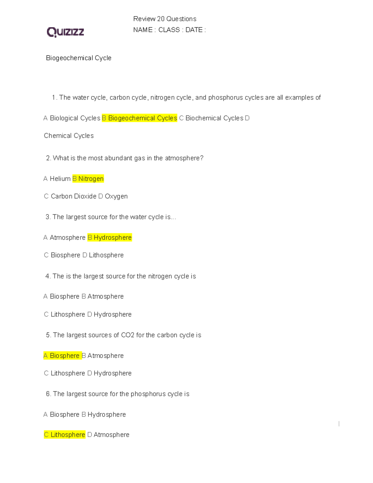 Biogeochemical Cycle Review (Answer KEY) - 20 Questions - Studocu