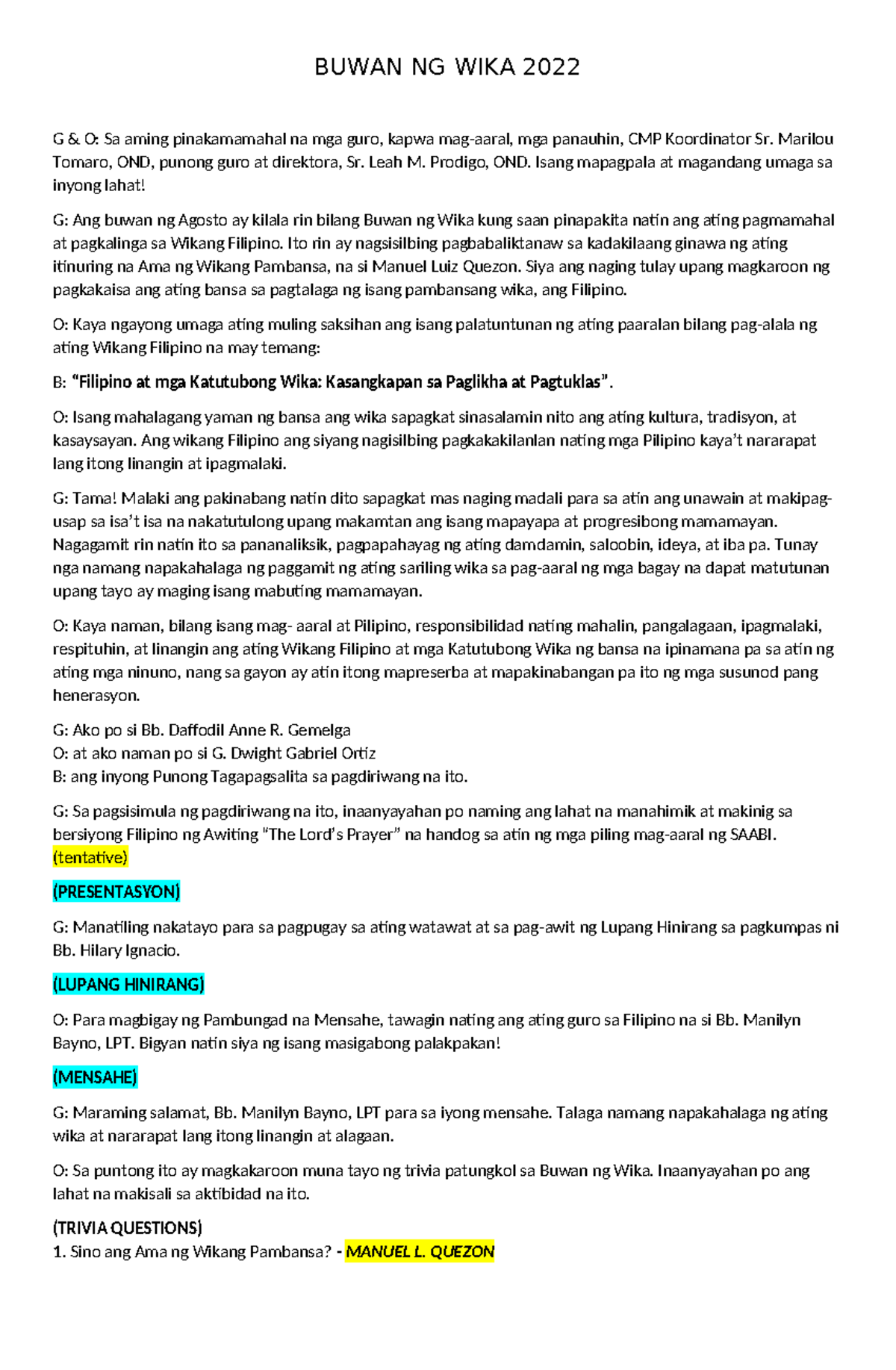 Buwan ng Wika 2022 - Final Script ng Pagdiriwang at mga Mensahe - Studocu