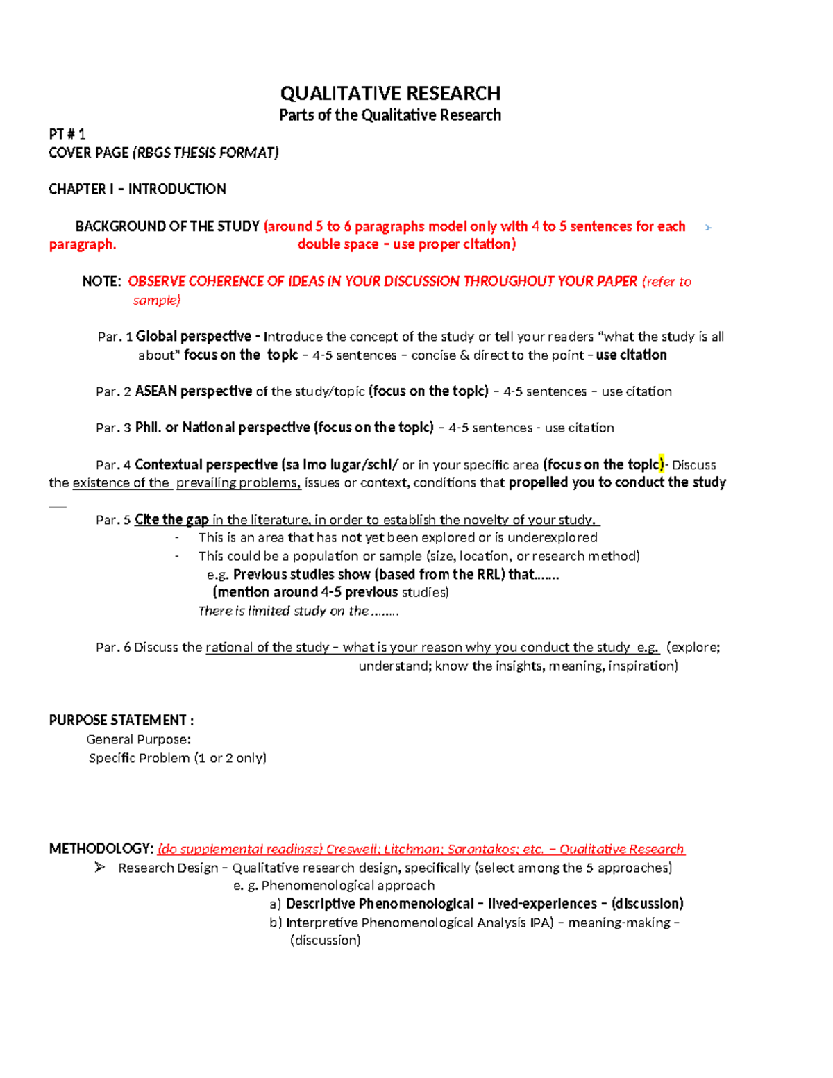 Qualitative Research Part 1: Thesis Format & Methodology (RBGS) - Studocu