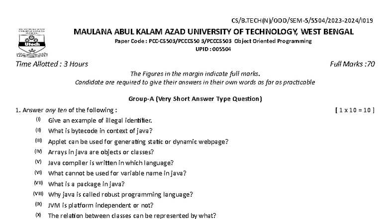 Btech cse 5 sem object oriented programming pcc cs503 2024 - 1/ CS/B(N)/ODD/SEM-5/5504/2023-2024 ...
