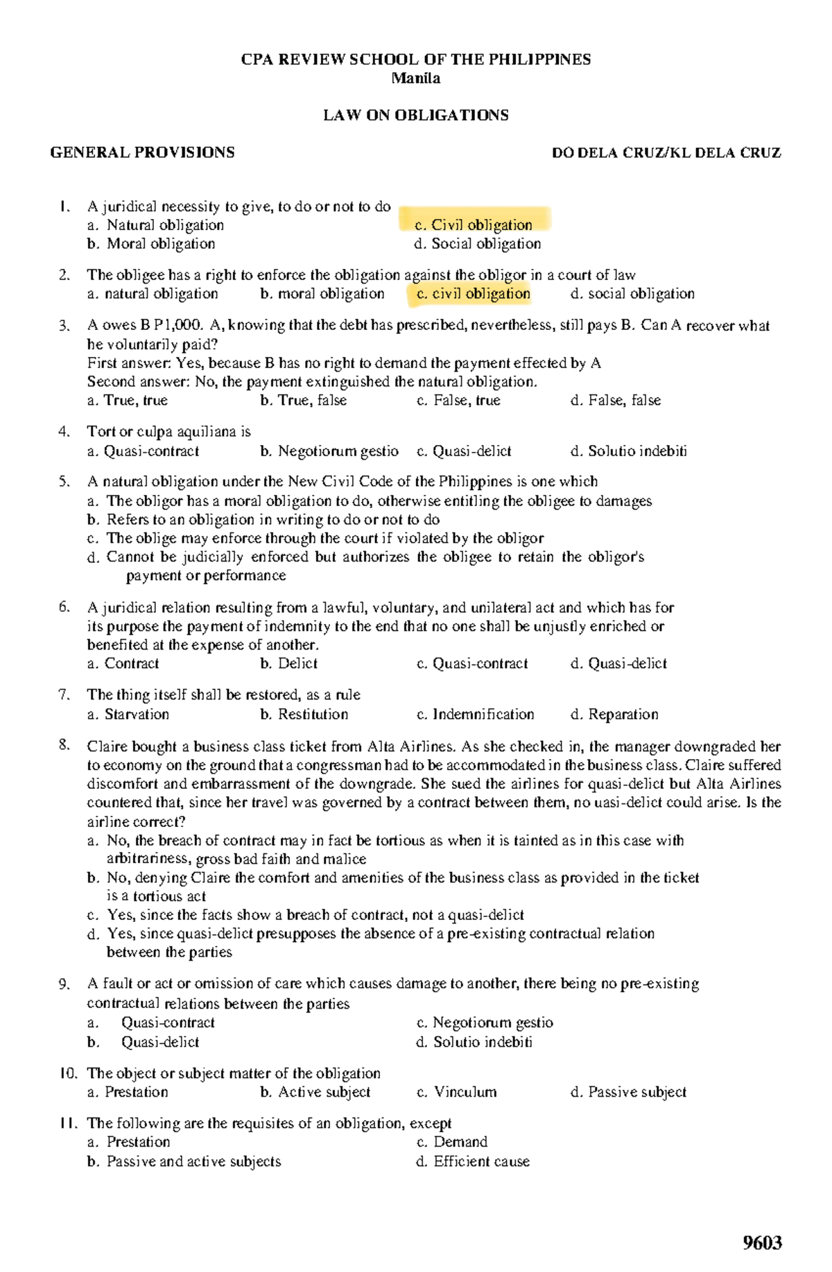 CPA 9603 - Obligations: Multiple Choice Questions Review - Studocu