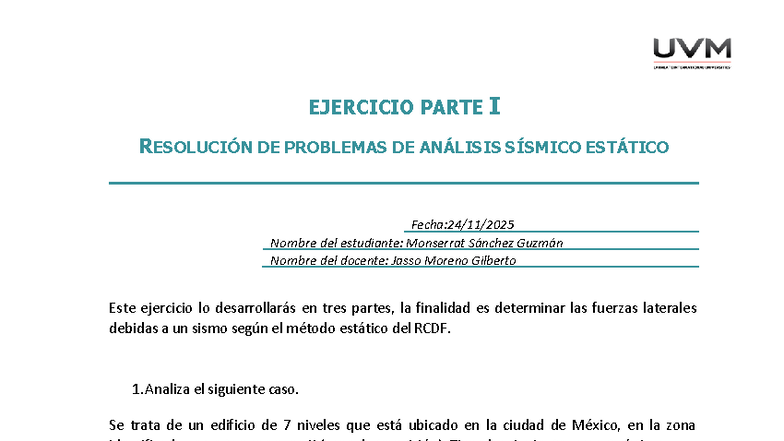 EJERCICIO PARTE I: ANÁLISIS SÍSMICO ESTÁTICO (RCDF) - Studocu