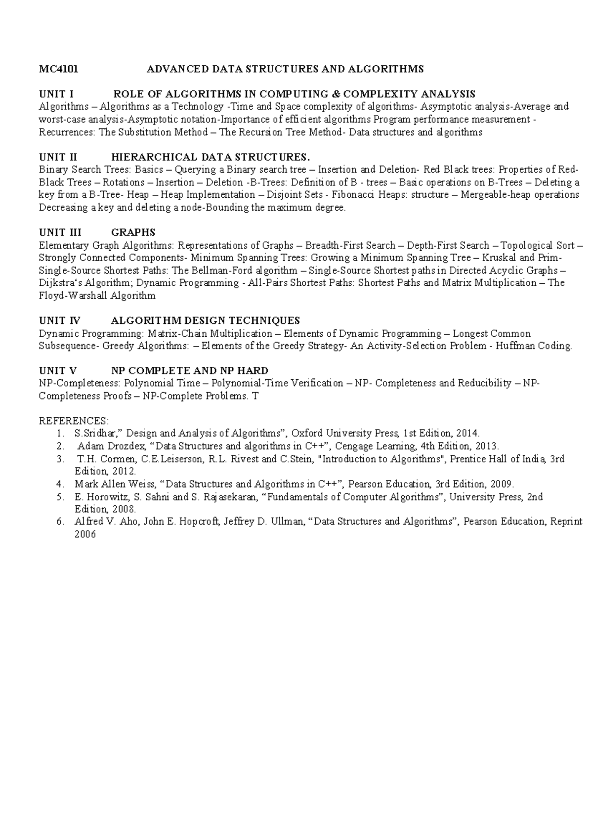 MC4101 ADVANCED DATA STRUCTURES AND ALGORITHMS UNIT I-IV OVERVIEW - Studocu
