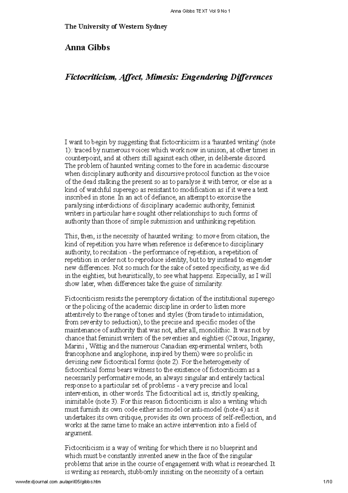 Fictocriticism and Affect: Engendering Differences in Academic ...