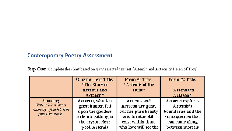 ENG 201 Contemporary Poetry Analysis: Artemis and Actaeon Themes - Studocu