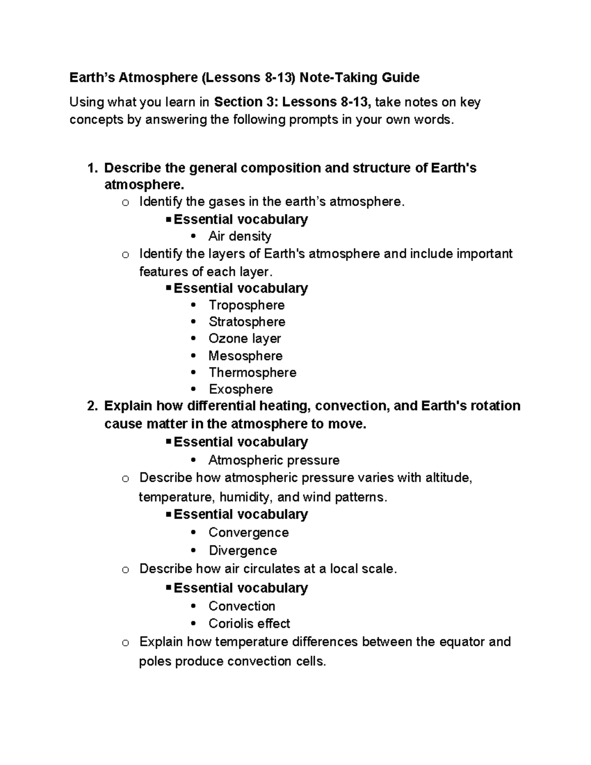 Earth's Atmosphere Overview: Lessons 8-13 Note-Taking Guide - Studocu