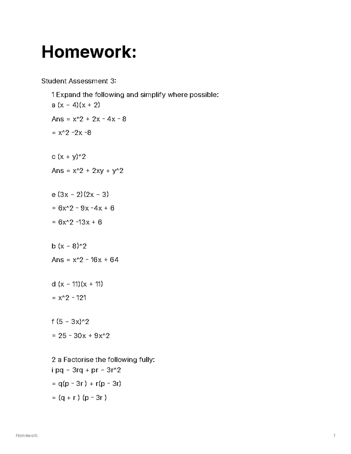 Homework: Student Assessment 3 - Algebraic Expressions & Geometry - Studocu