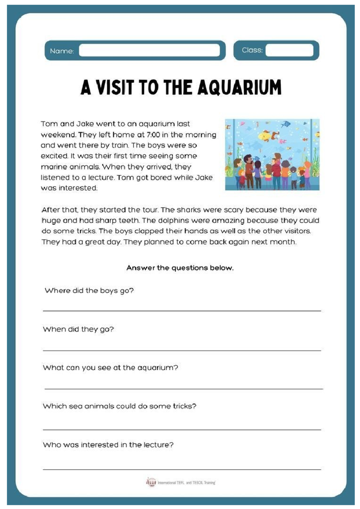 A VISIT TO THE AQUARIUM - READING MATERIALS (INTL TEFL & TESOL) - Studocu