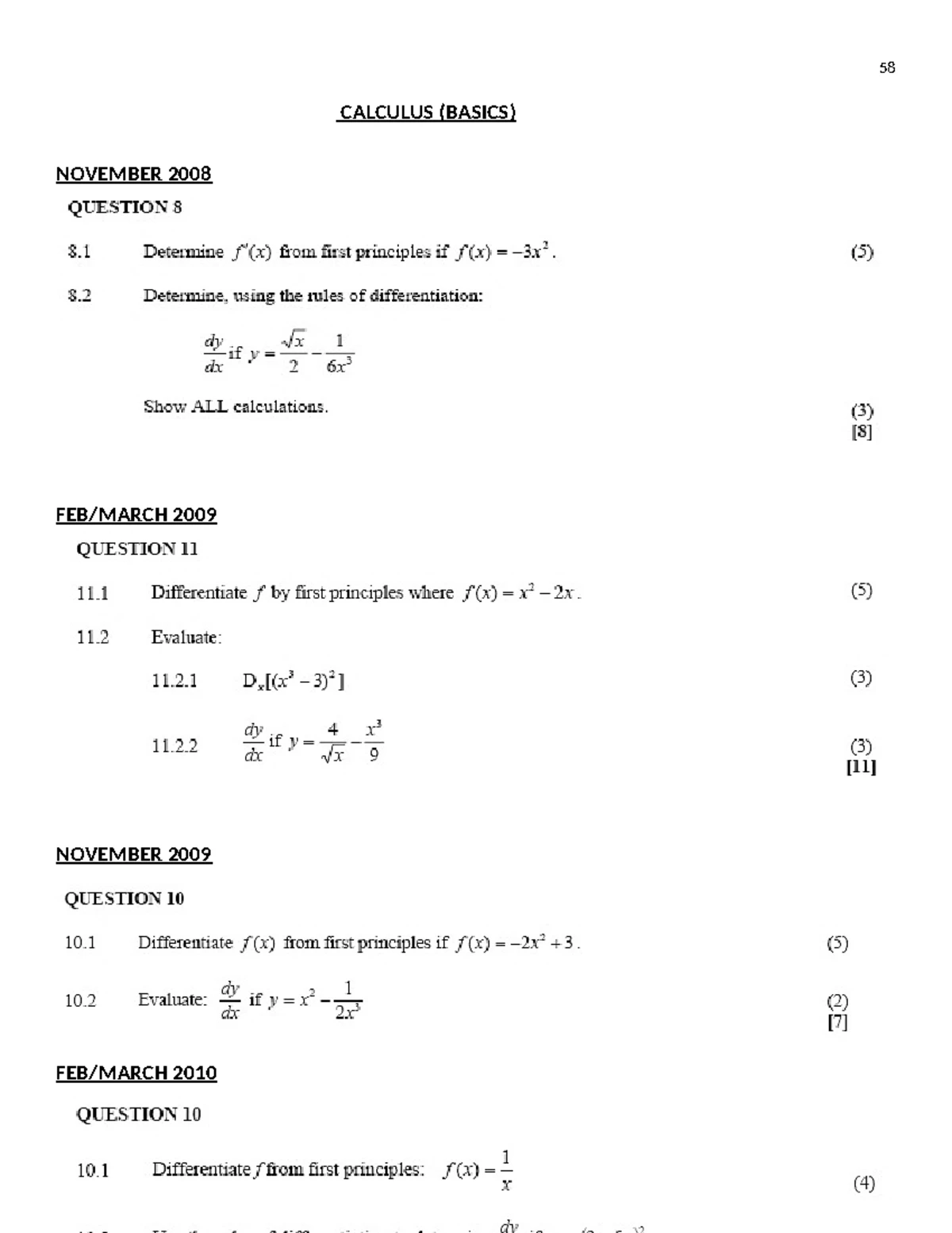 Differential Calculus grade 12 revision pack for learners and teachers ...