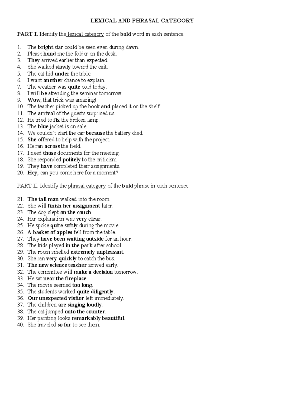 Lexical and Phrasal Categories Analysis - Part I & II - Studocu