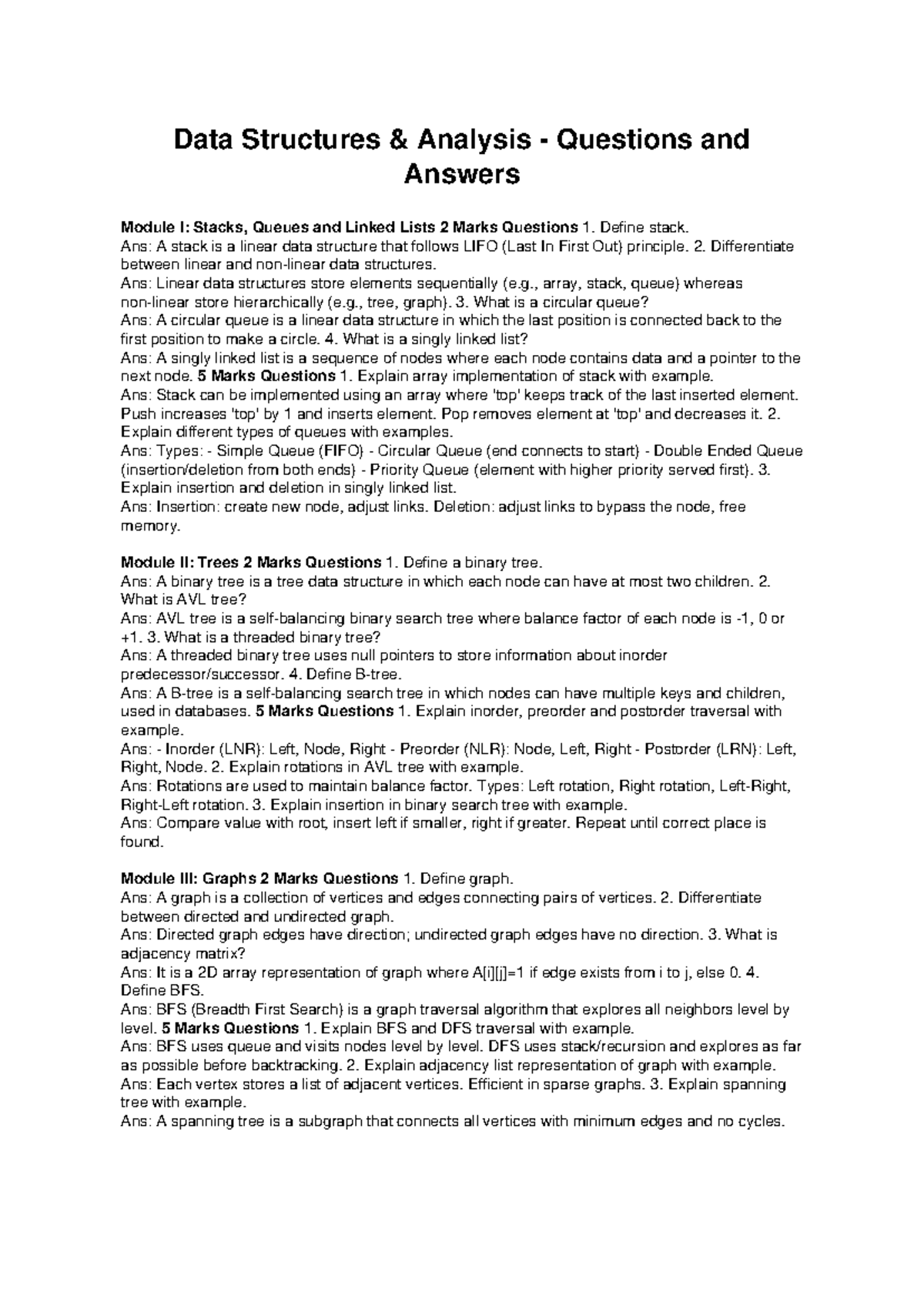 DSA 101: Questions & Answers on Stacks, Queues, Trees, and Graphs - Studocu
