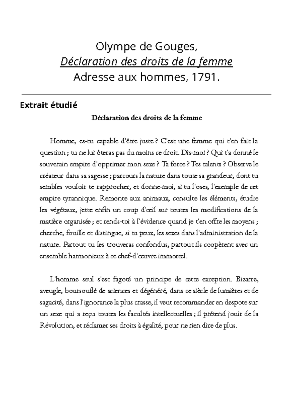 Gouges, Déclaration des droits de la femme - Analyse linéaire (1791 ...