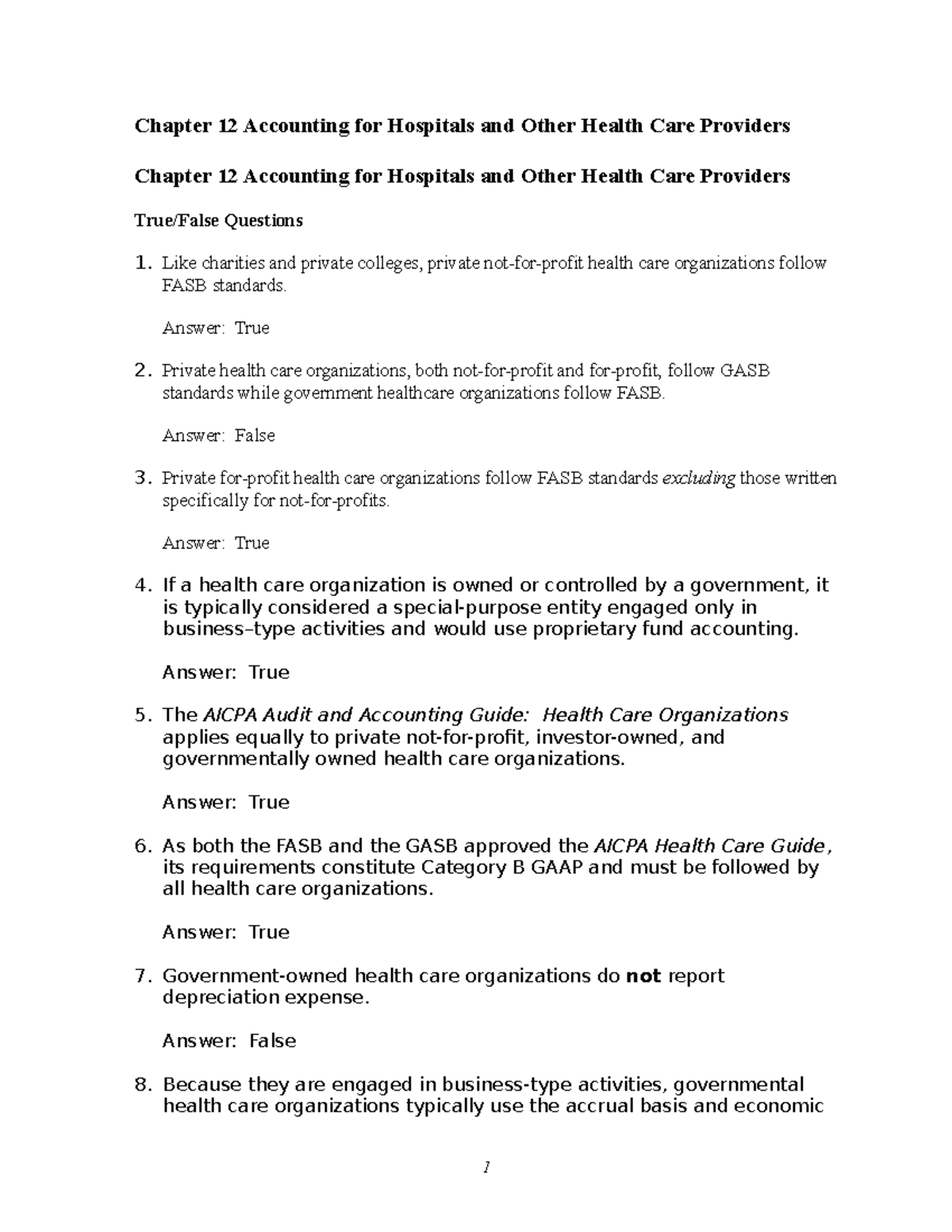 Test Bank for Chapter 12: Accounting for Health Care Providers - Studocu