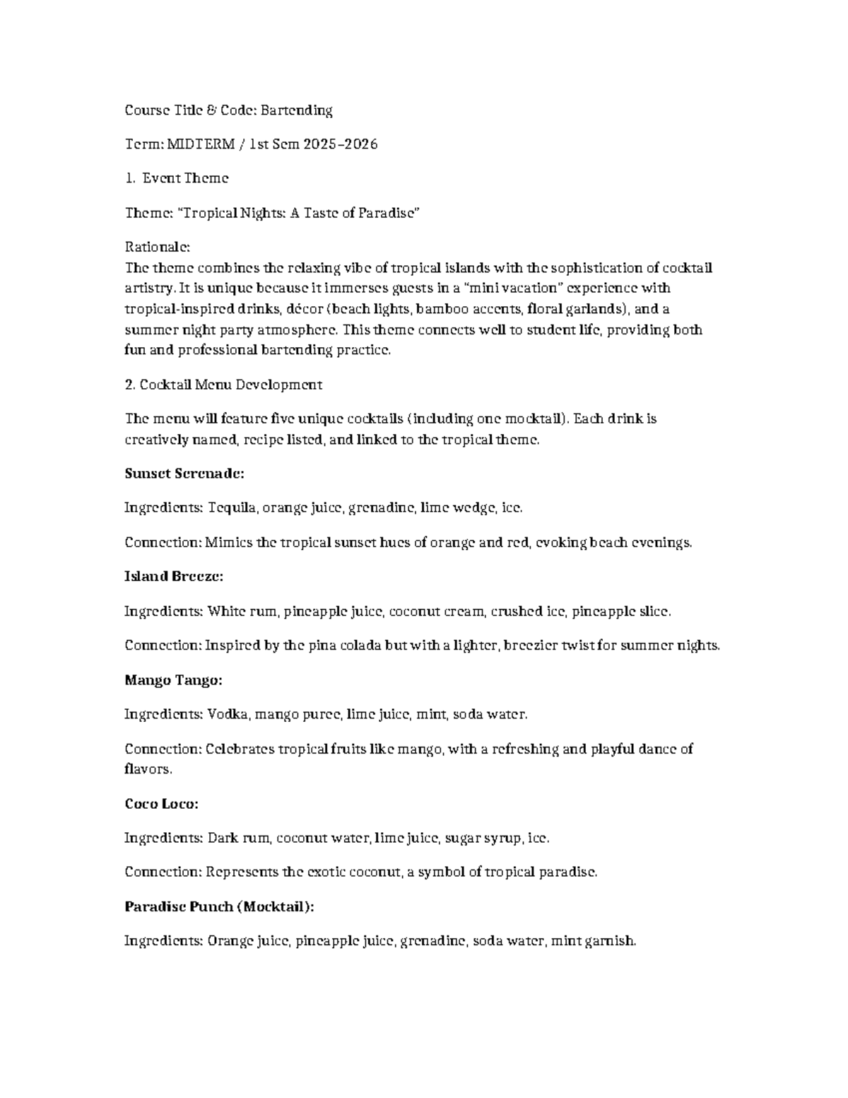 Bartending Course Code: MIDTERM 1st Sem - Tropical Cocktail Event Plan ...