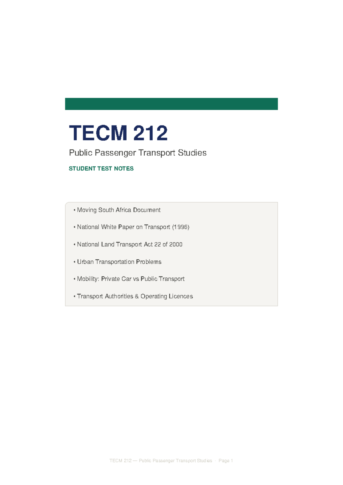 TECM 212 - Public Passenger Transport Studies Test Notes - Studocu