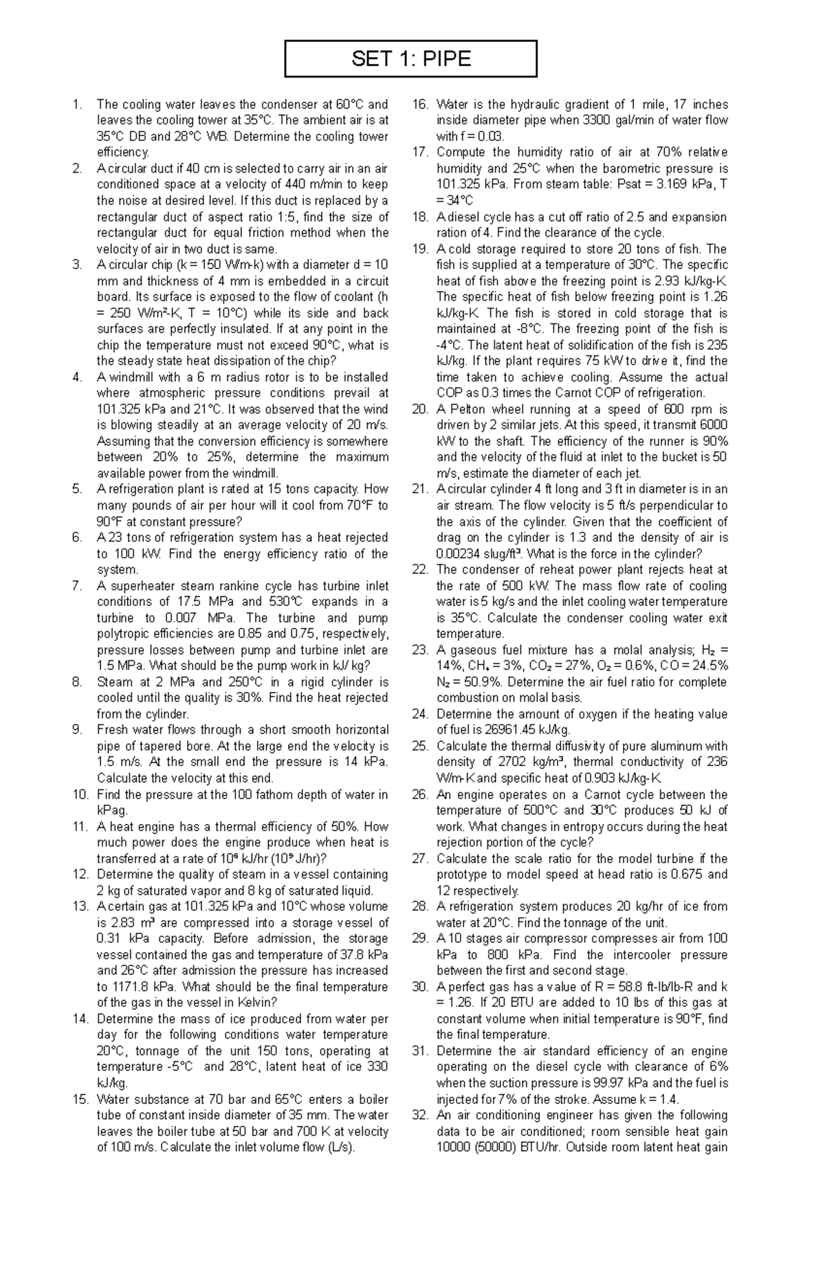 Set 1 (PIPE) - Sample Problems for Thermal and Fluid Mechanics - Studocu