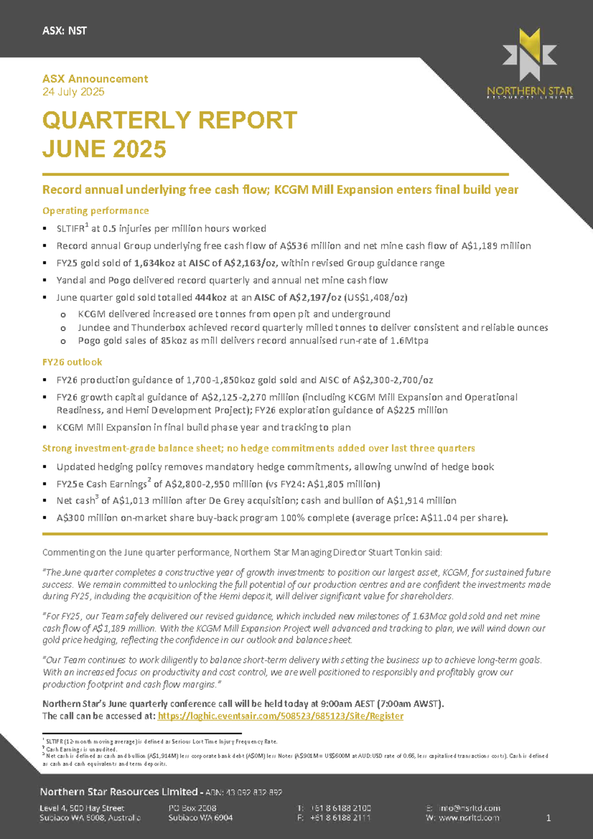 June 2025 Quarterly Activities Report - ASX: NST - Studocu