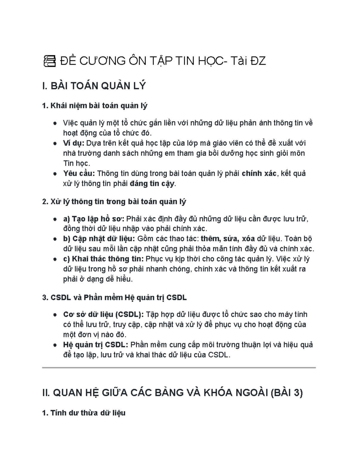 ĐỀ CƯƠNG ÔN TẬP TIN Tài ĐZ I - BÀI TOÁN QUẢN LÝ VÀ TRUY VẤN CSDL - Studocu