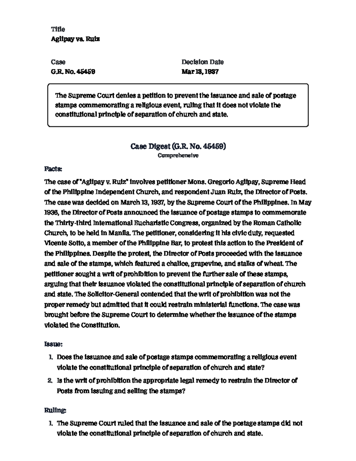 Case Digest G.R. No. 45459 - Aglipay vs. Ruiz Analysis and Ruling - Studocu