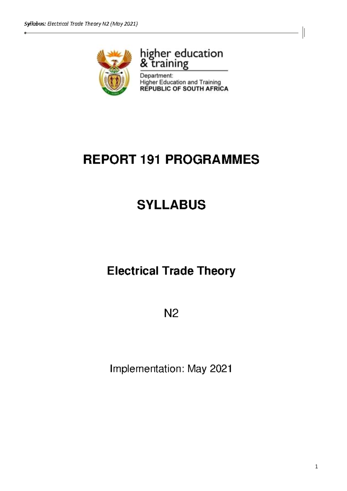 N2 Electrical Trade Theory - REPORT 191 PROGRAMMES SYLLABUS Electrical ...