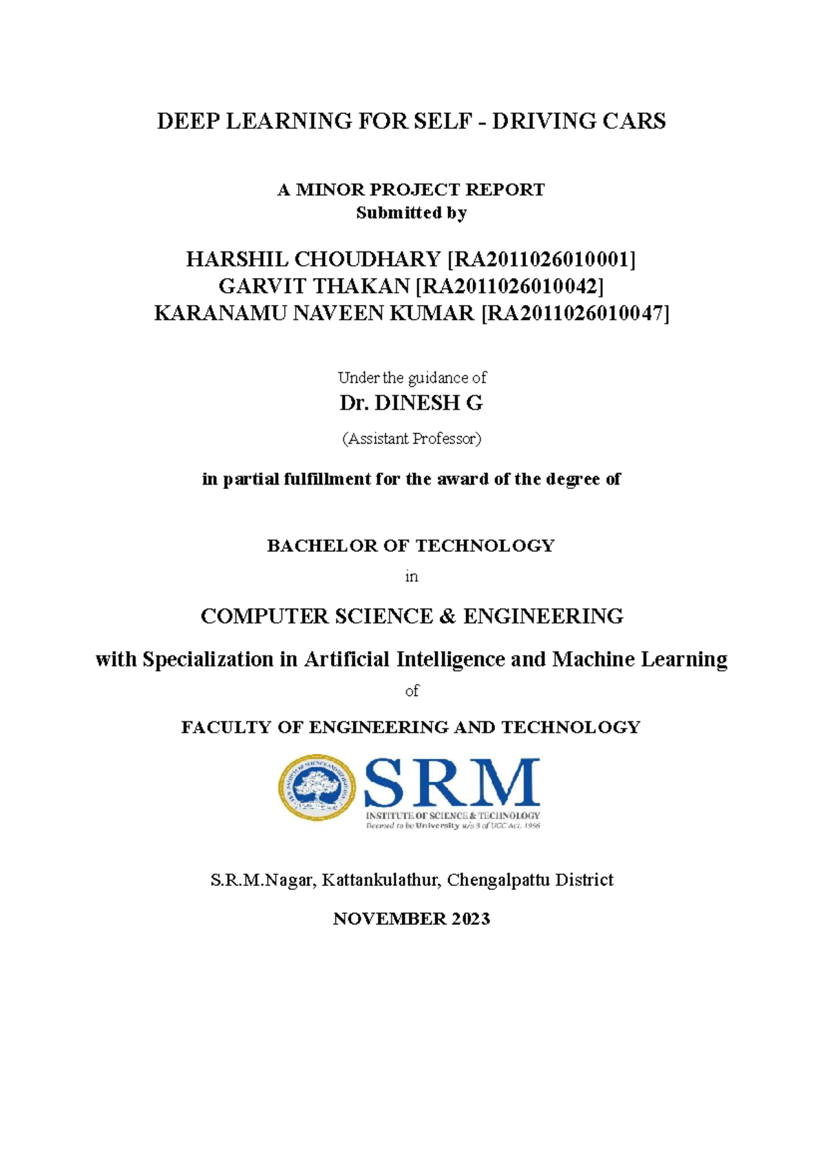 BTECH 18CSE485T Final Report on Deep Learning for Autonomous Vehicles - Studocu