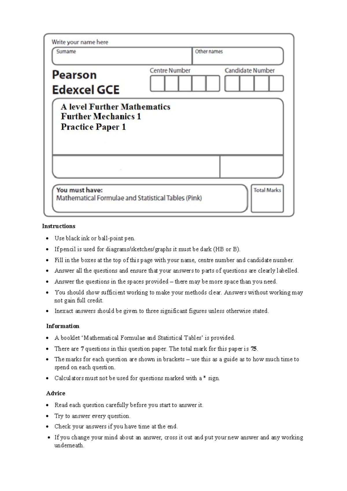A level Further Mathematics FM1 Practice Paper 1 – Instructions ...