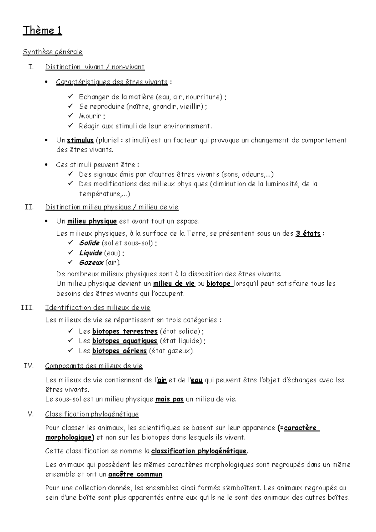 Synthèse Thème 1 : Caractéristiques des Êtres Vivants en SVT - Studocu