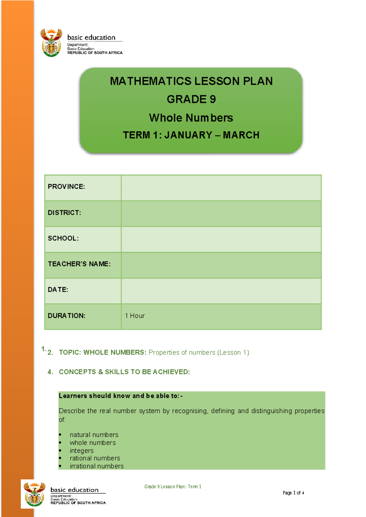 Grade 9 Mathematics Lesson Plans: Term 1 - Whole Numbers & Integers ...