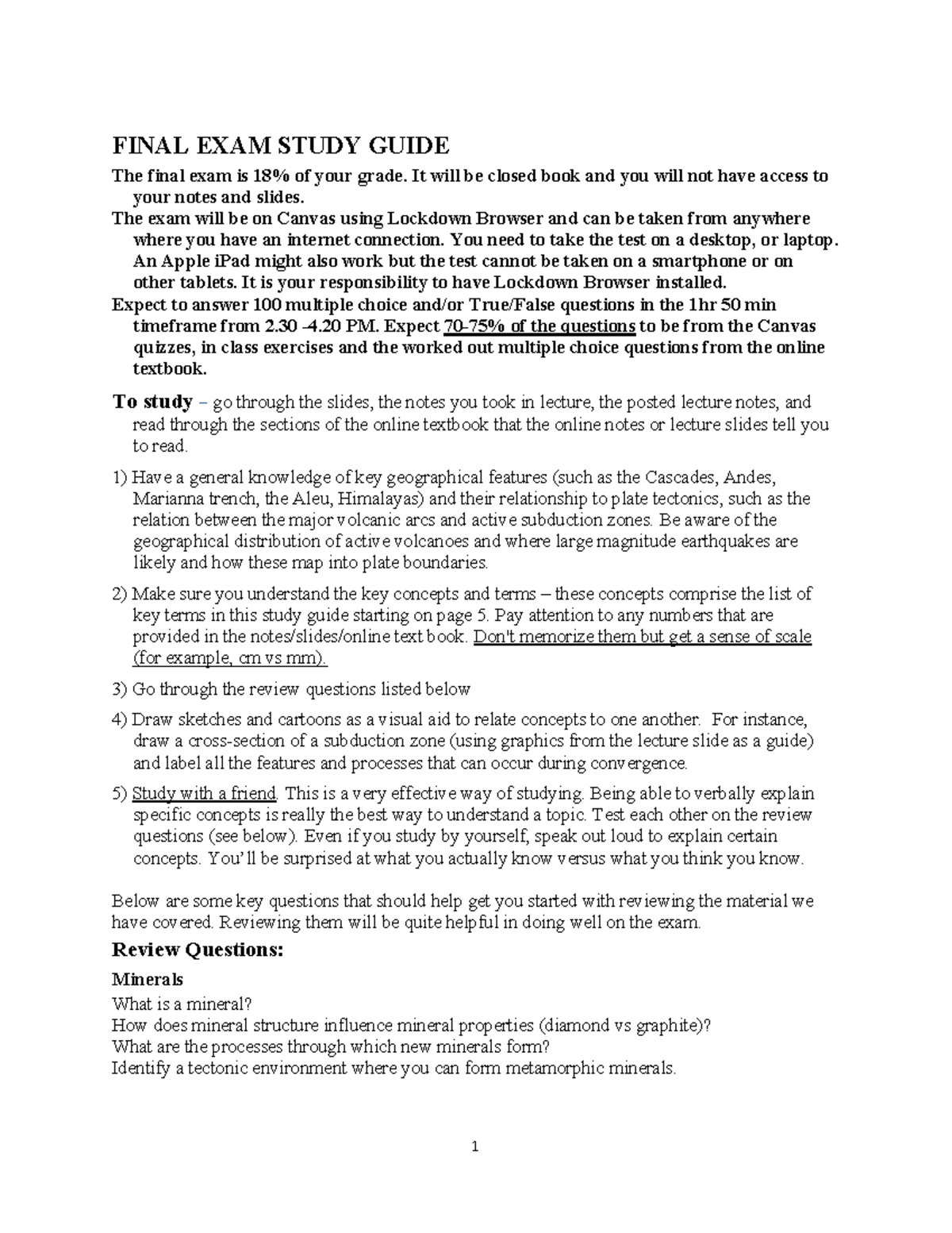 Geology GEL1 Final Exam Study Guide: Key Concepts & Review Questions - Studocu