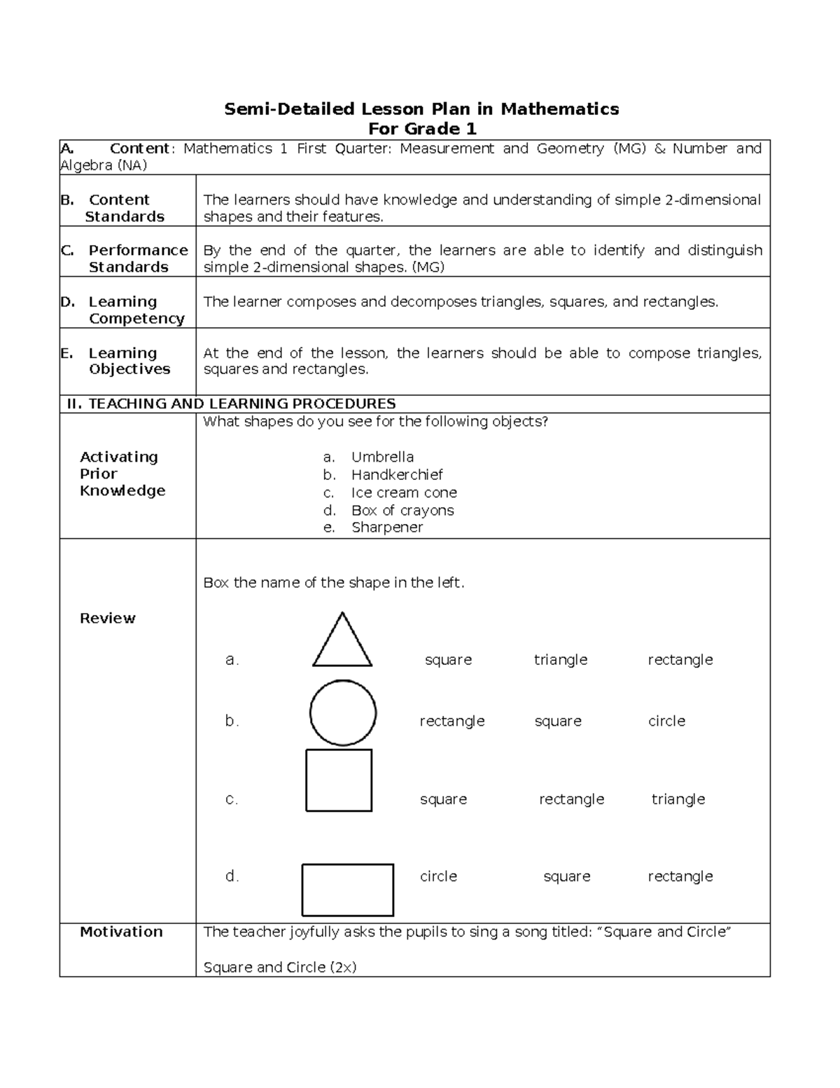 Lesson Plan: Mathematics for Grade 1 - Shapes & Geometry (LP Math 1 ...