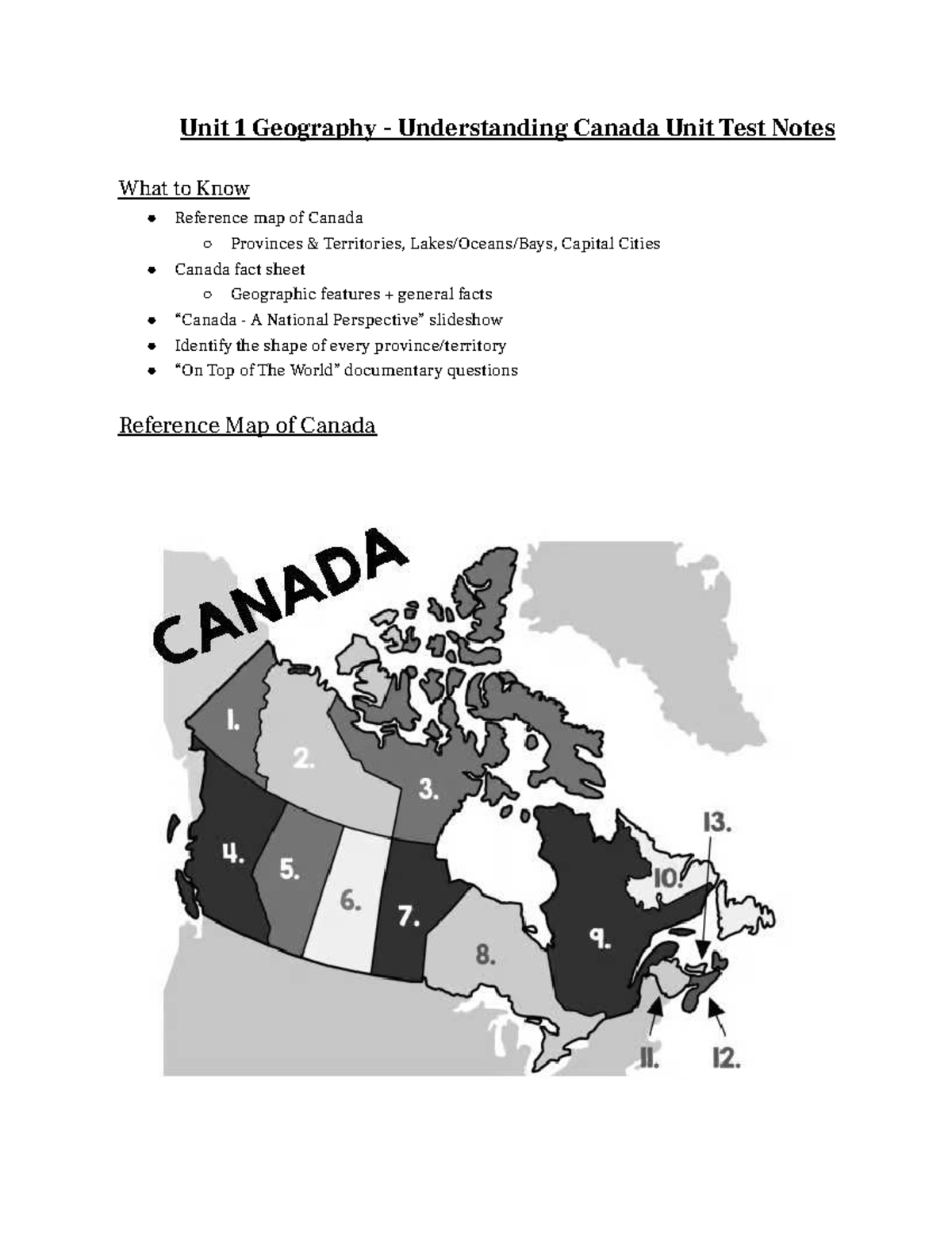 Unit Test Notes: Geography - Understanding Canada (Unit 1) - Unit 1 ...
