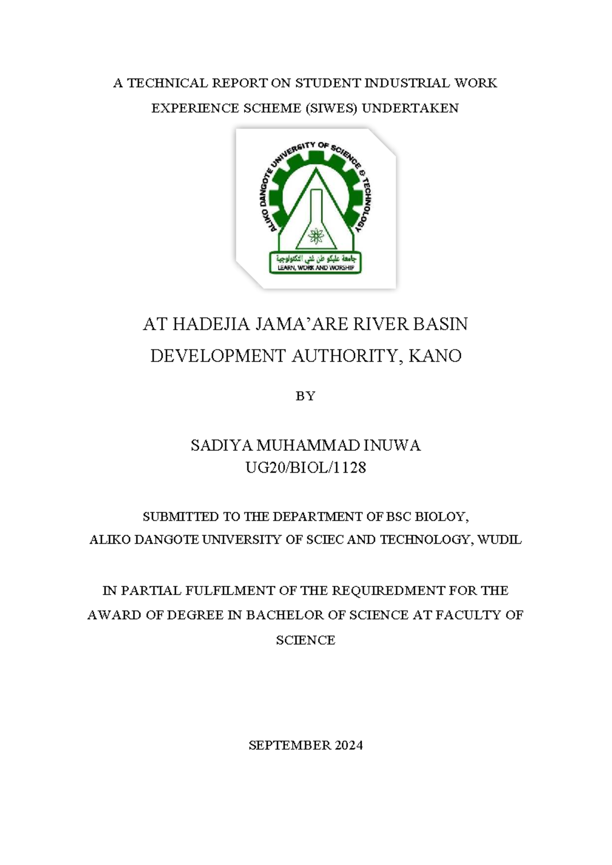Technical Report on SIWES at Hadejia River Basin Authority - BSc ...