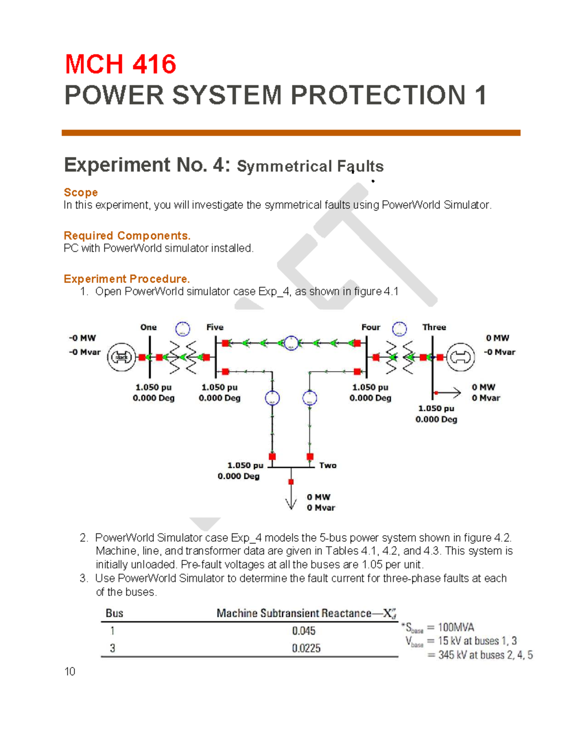 MCH 416 Power System Protection 1: Experiments 5 & 6 on Symmetrical ...